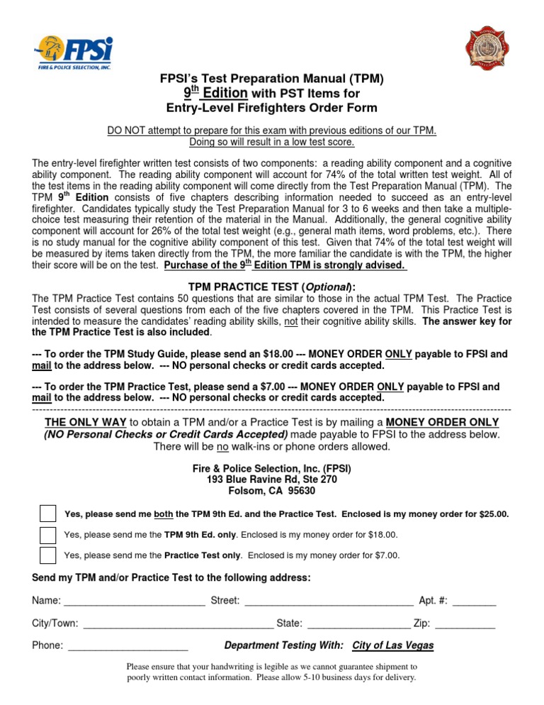 9 Edition: FPSI's Test Preparation Manual (TPM) With PST Items For ...