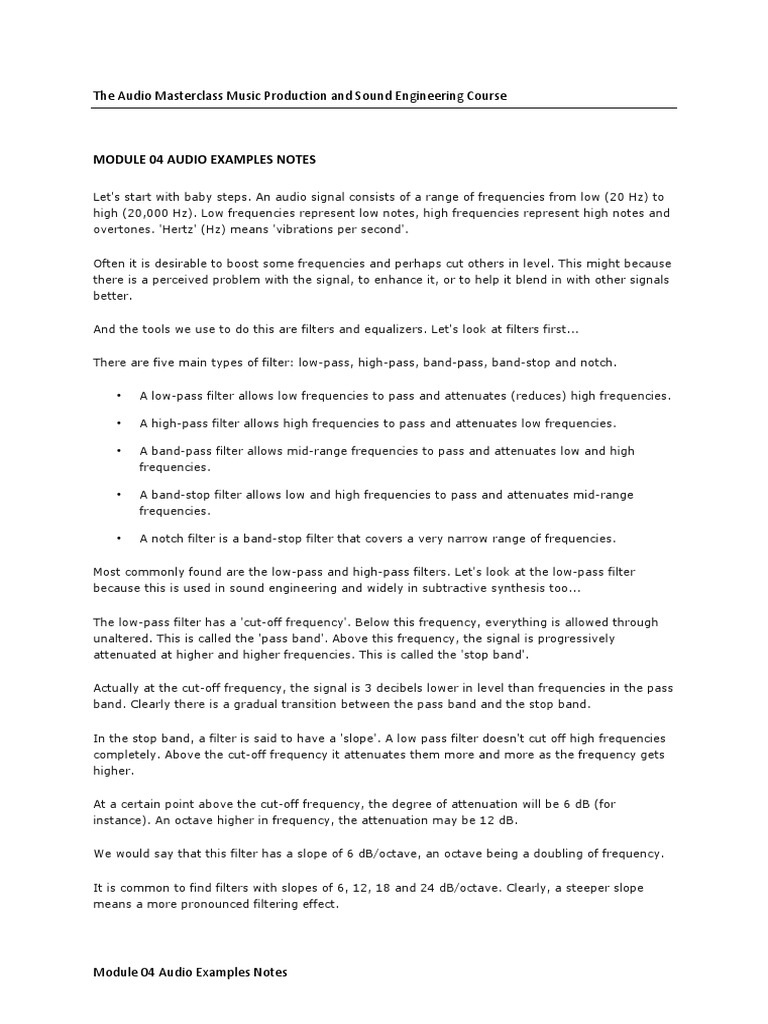 Module 04 Audio Examples Notes | PDF | Equalization (Audio) | Low Pass ...