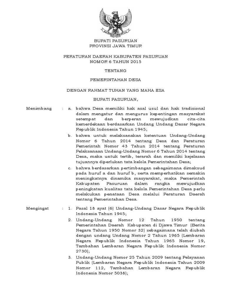 Perda Kab Pasuruan No 6 2015 | PDF