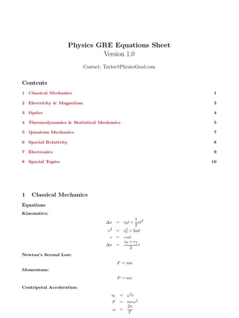 Physics GRE Equation Sheet | PDF