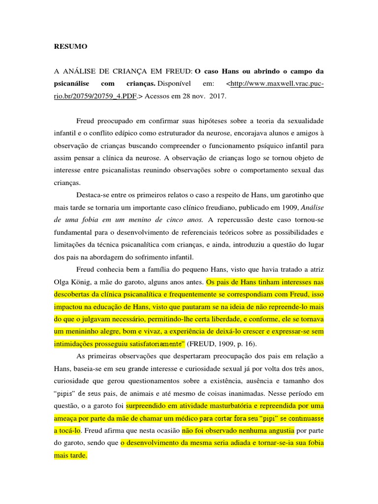 RESUMO Caso Hans | PDF | Sigmund Freud | Psicanálise
