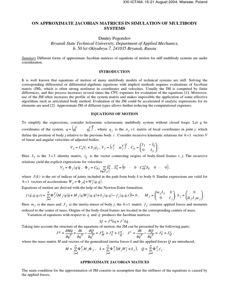 On Approximate Jacobian Matrices in Simulation of Multibody Systems | PDF | Matrix (Mathematics ...