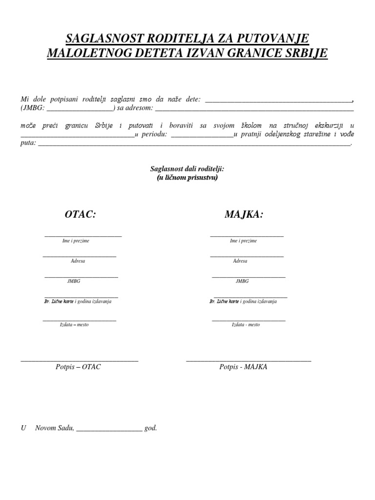 Saglasnost Roditelja Za Put U Inostranstvo | PDF