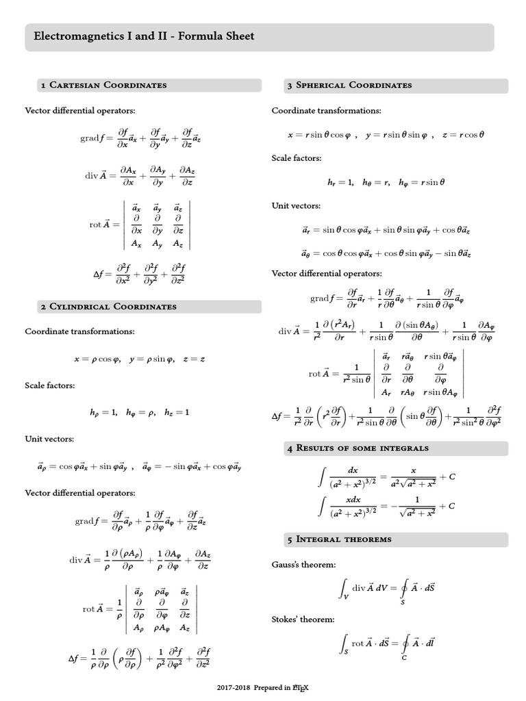 Electromagnetics I and II - Formula Sheet: 1 Cartesian Coordinates 3 ...