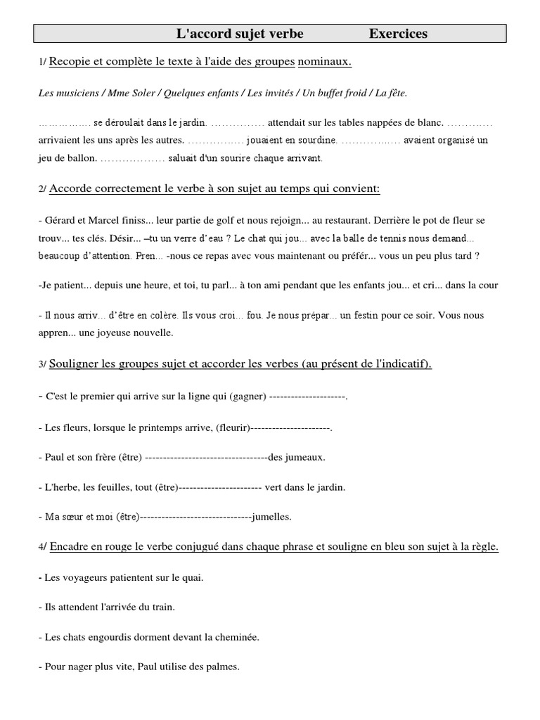 Exercices de Grammaire Cm1 Cycle 3 Laccord Sujet Verbe | PDF | Sujet ...
