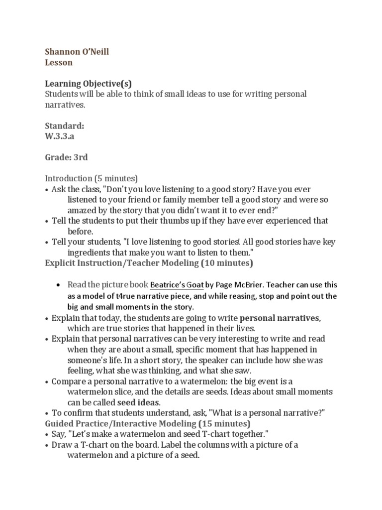 3rd Grade Personal Narrative Lesson | PDF | Narrative | Lesson Plan