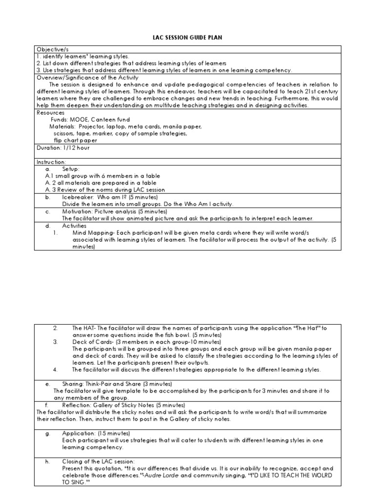 Lac Session Guide Plan | PDF | Learning Styles | Lesson Plan