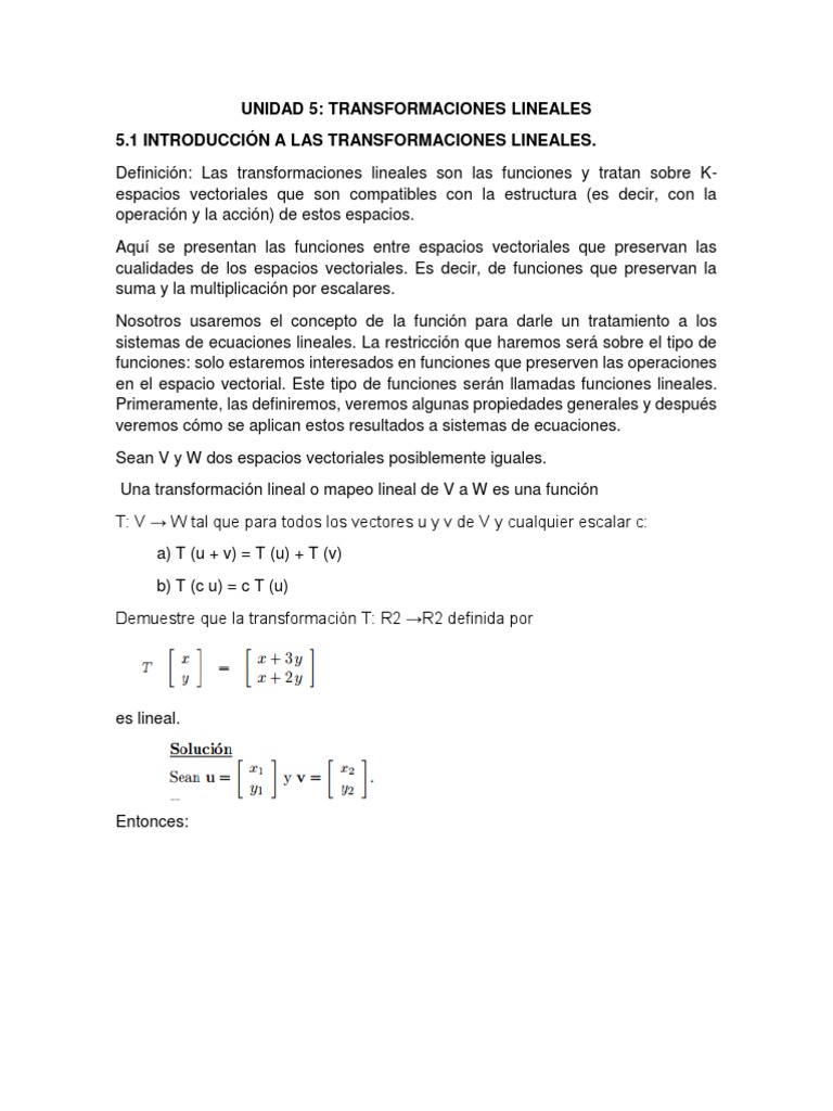 Unidad 5 Transformaciones Lineales | PDF | Mapa lineal | Espacio vectorial