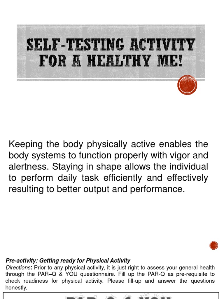 Self-Testing Activity For A Healthy Me! PE11 | PDF | Psychological Concepts