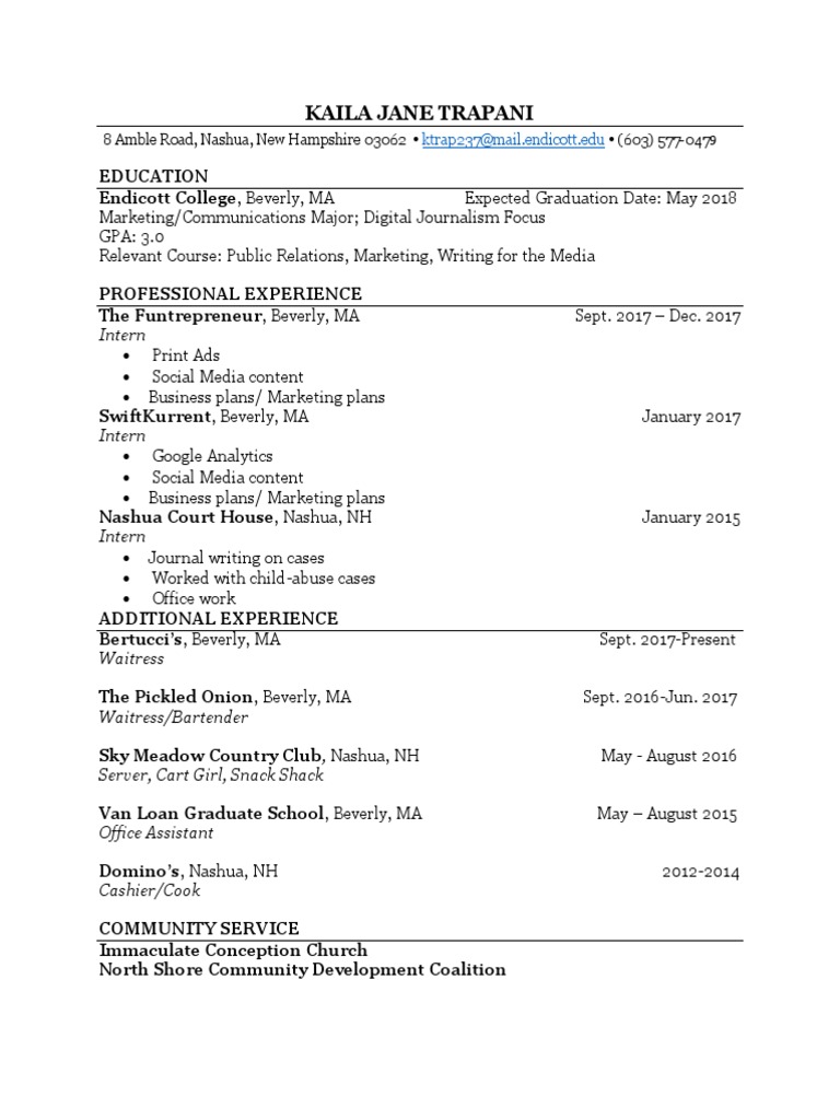 Trapani Kaila Resume and Waitressing | PDF | Social Science