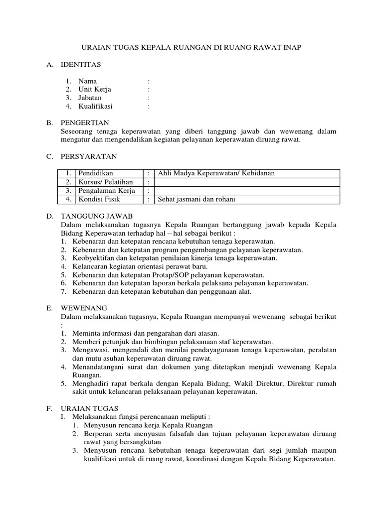 Uraian Tugas Kepala Ruangan Di Ruang Rawat Inap | PDF