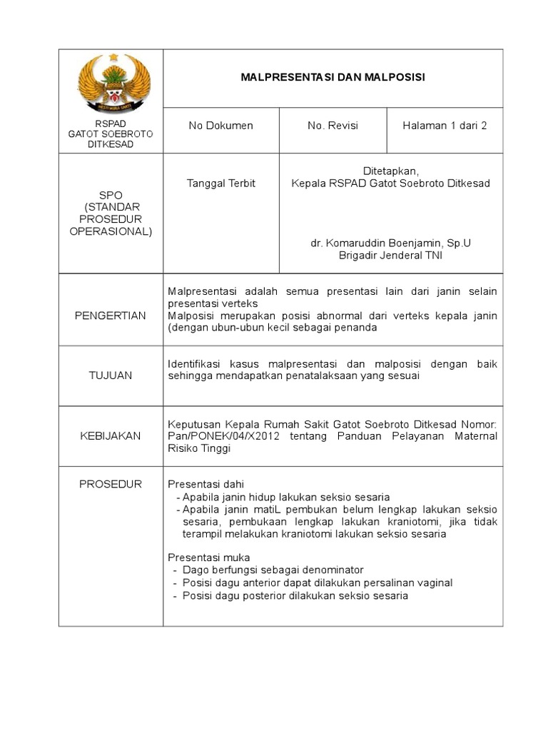 Sop Malpresentasi Dan Malposisi | PDF