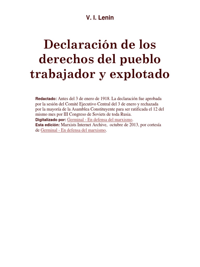 Declaración de Los Derechos Del Pueblo Trabajador y Explotado. LENIN | Unión Soviética ...