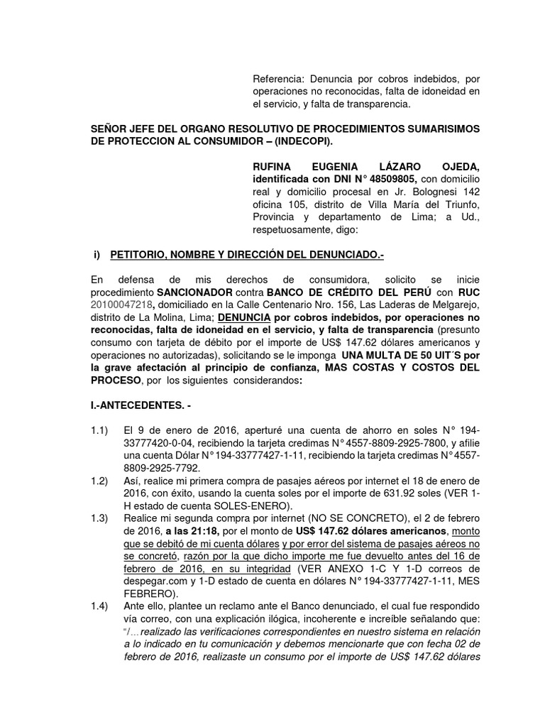 Denuncia Indecopi Cobros Indebidos BCP | PDF | Tarjeta de débito ...