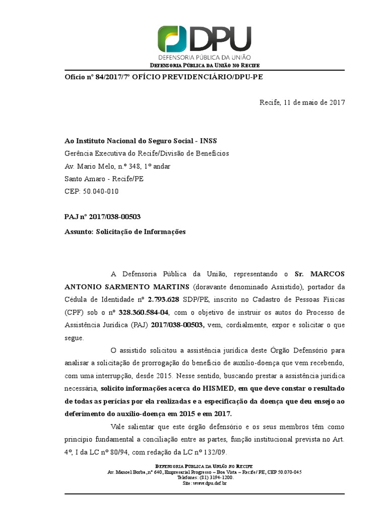 Oficio Ao INSS - Solicita Informacoes Hismed | PDF | Defensor público | Governo