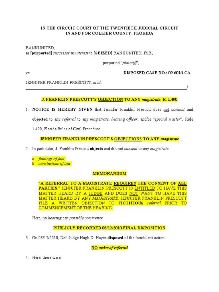 Objection to Magistrate Referral in Florida | PDF | Judge | Magistrate