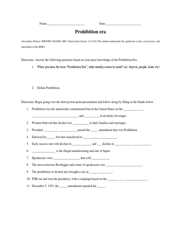 Prohibition Worksheet 1 | PDF