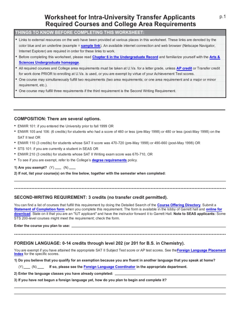 Worksheet For Intra-University Transfer Applicants Required Courses and ...