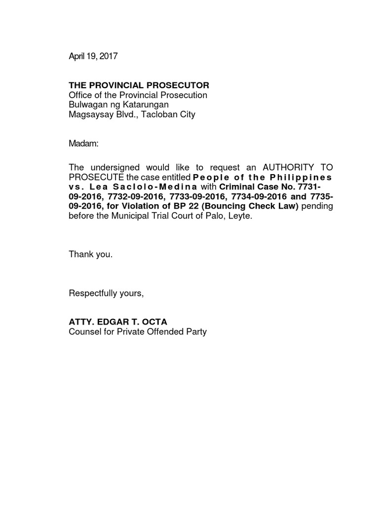Request for Authority to Prosecute Case | PDF