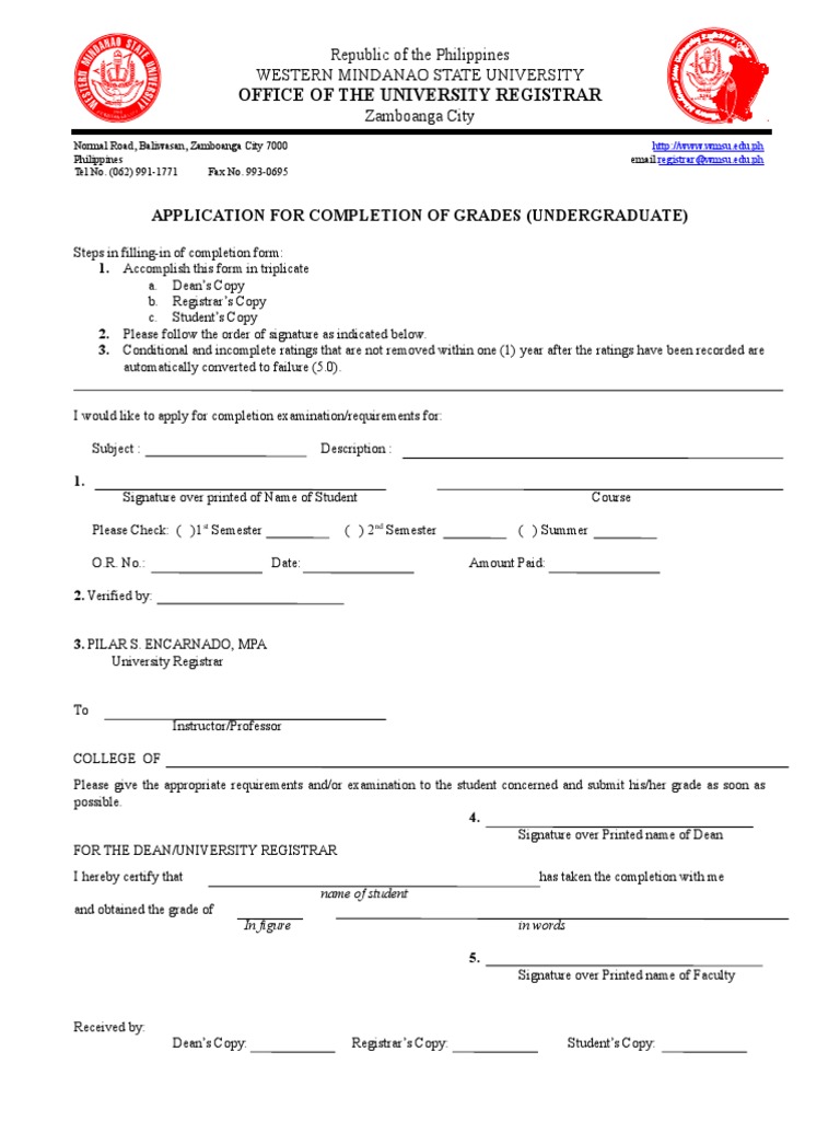 WMSU Grade Completion Form | PDF | Academia | Further Education