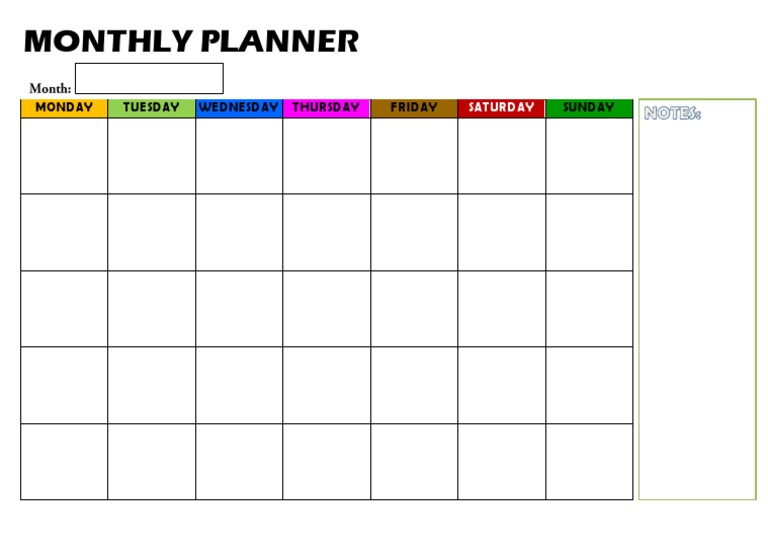 Monthly Planner: Monday Tuesday Wednesday Thursday Friday Sunday | PDF