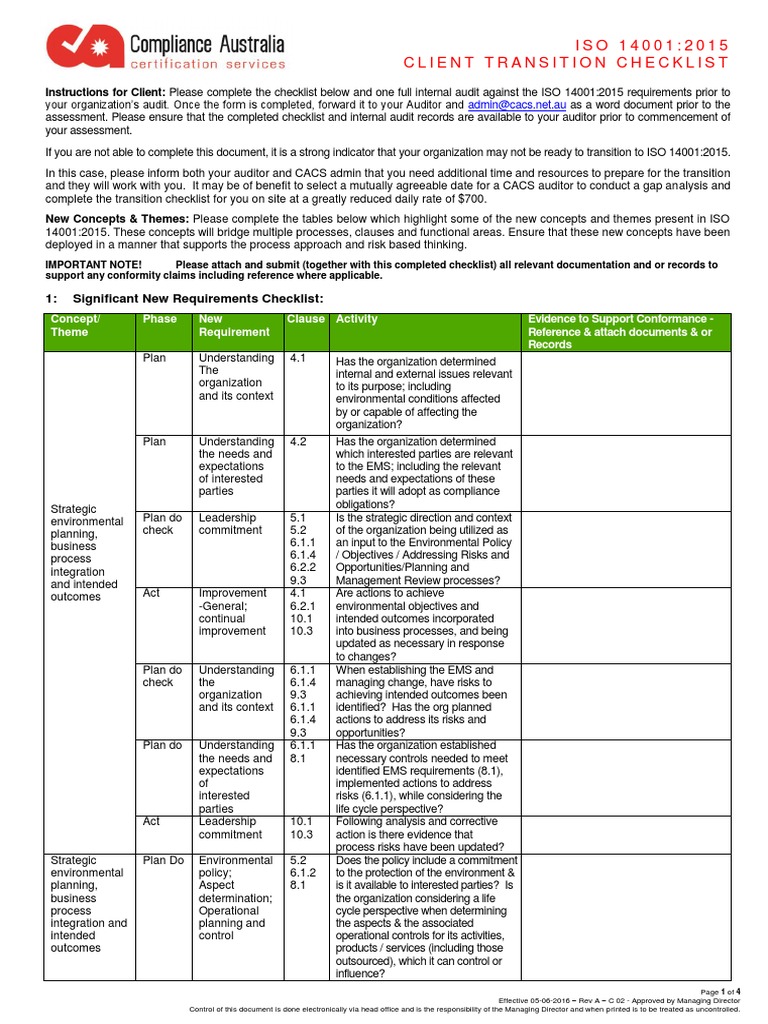 02 ISO 14001-2015 Transition Checklist C 02 Rev A | PDF | Internal ...