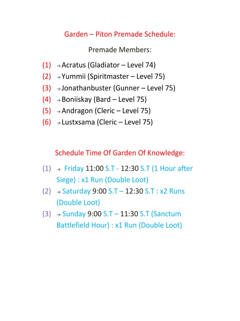 Garden - Piton Premade Schedule | PDF