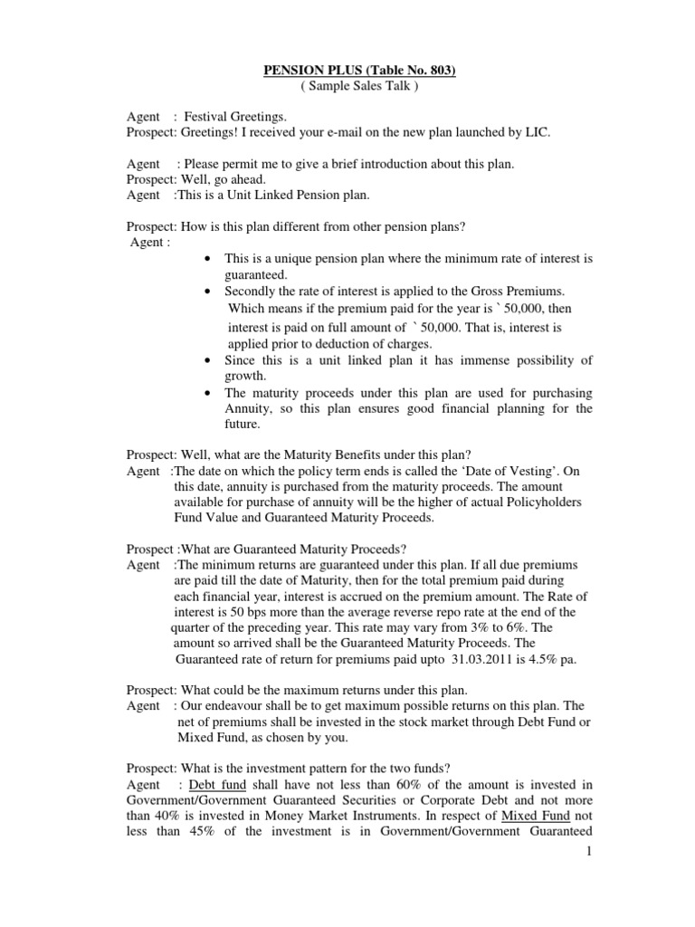 Sales Talk Pension Plus | PDF | Annuity (European) | Insurance
