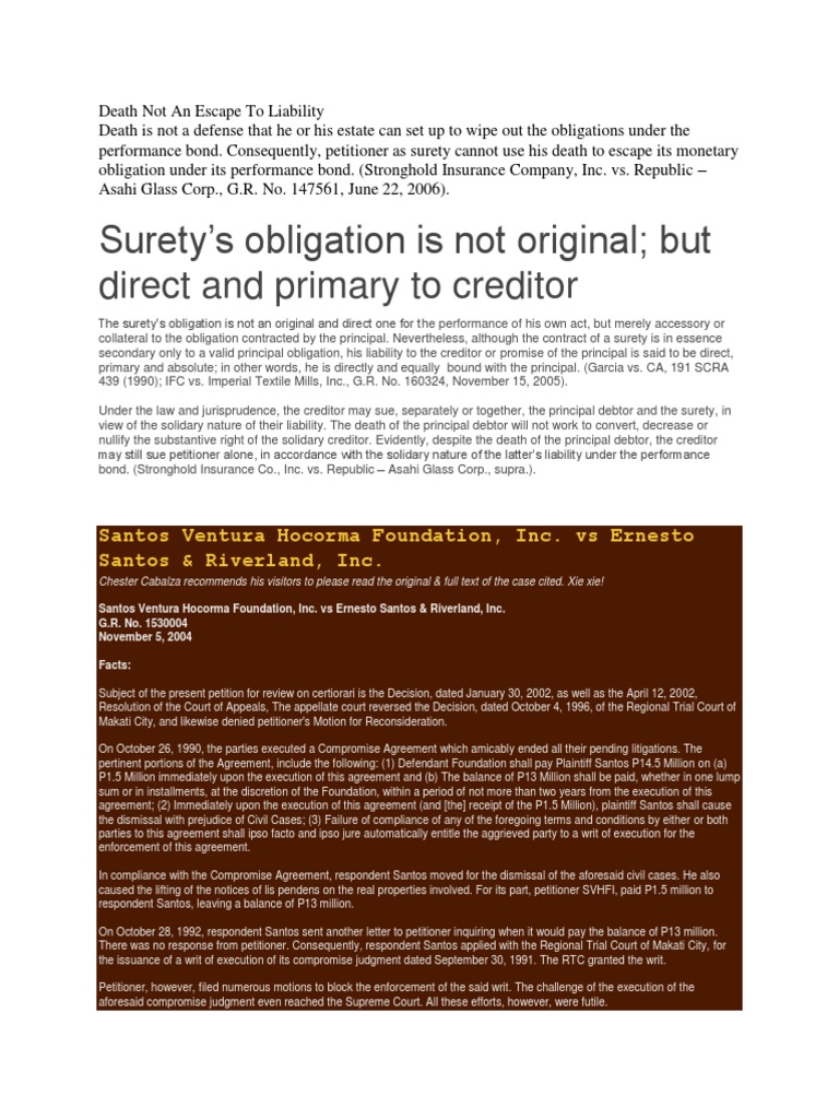 Surety's Obligation Is Not Original But Direct and Primary To Creditor ...