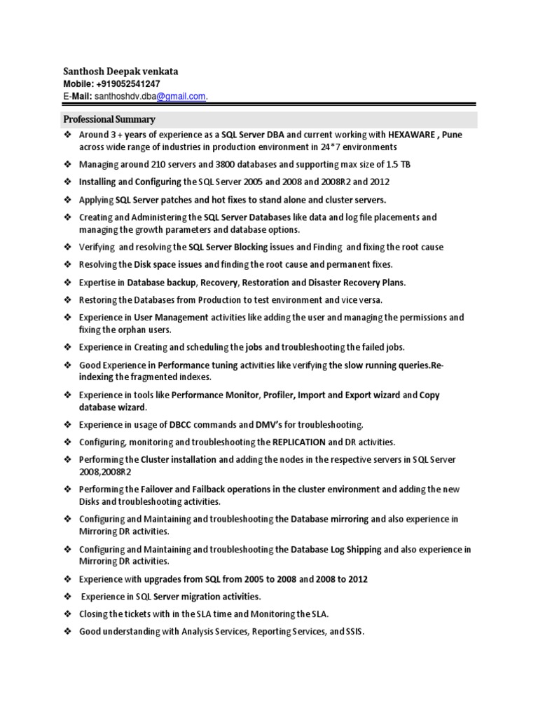 Santhosh Deepak Venkata: E-Mail: Santhoshdv - Dba | PDF | Microsoft Sql Server | Databases