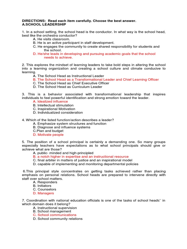 Reviewer For Principals Test | PDF | Leadership | Curriculum