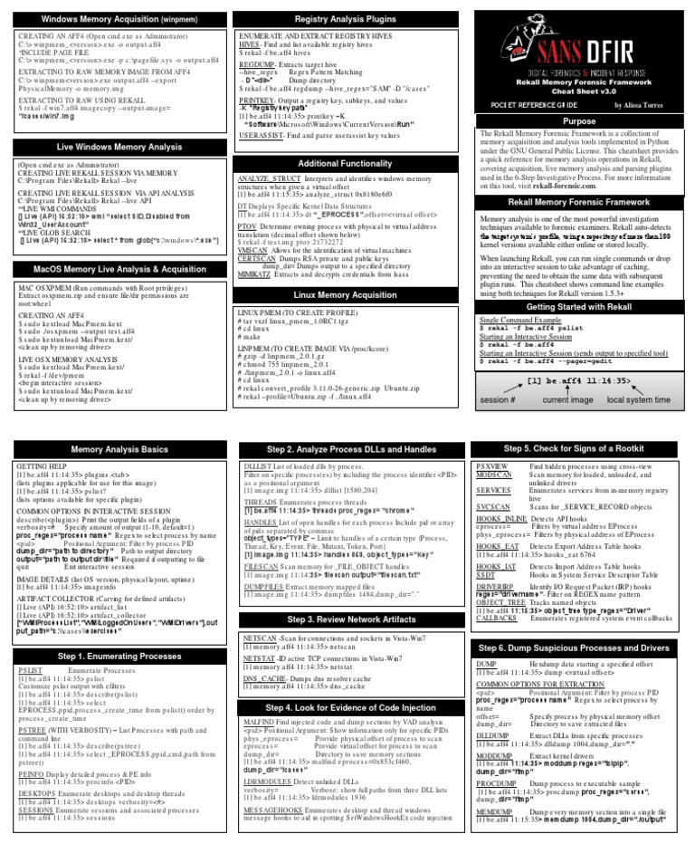 Rekall Memory Forensics Cheatsheet | PDF | Windows Registry | Utility Software