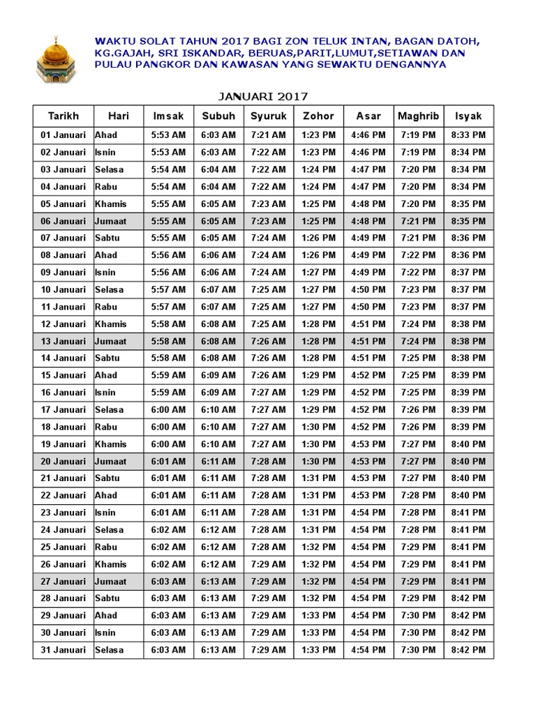 Jadual Solat Sitiawan 2017