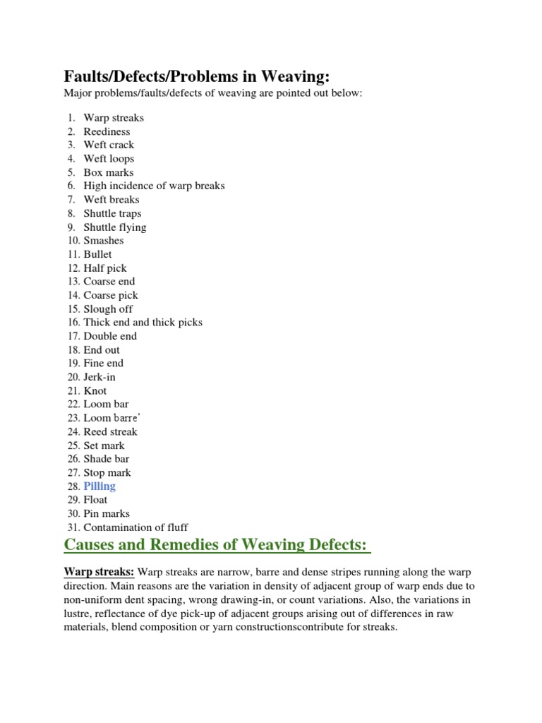 Faults/Defects/Problems in Weaving | PDF | Weaving | Loom