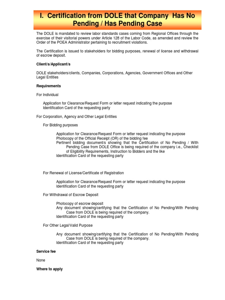 DOLE Certificate of No Pending Case Guide | PDF | Unemployment Benefits ...