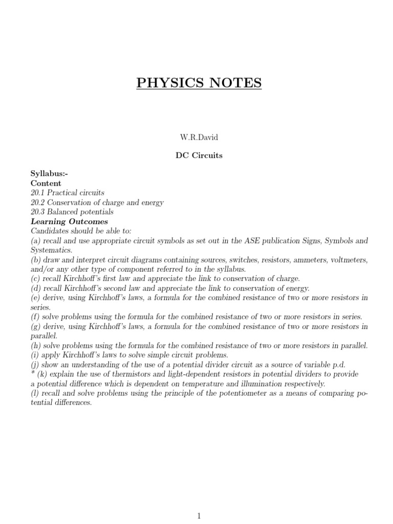 DC Circuits Notes: Kirchhoff's Laws, Resistors in Series & Parallel ...
