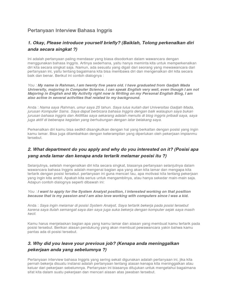 Pertanyaan Interview Bahasa Inggris | PDF