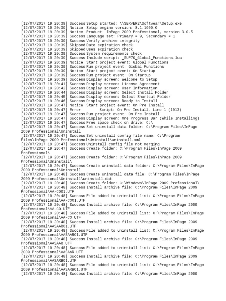 InPage 2009 Professional Installation Log | PDF | Printing | Graphic Design