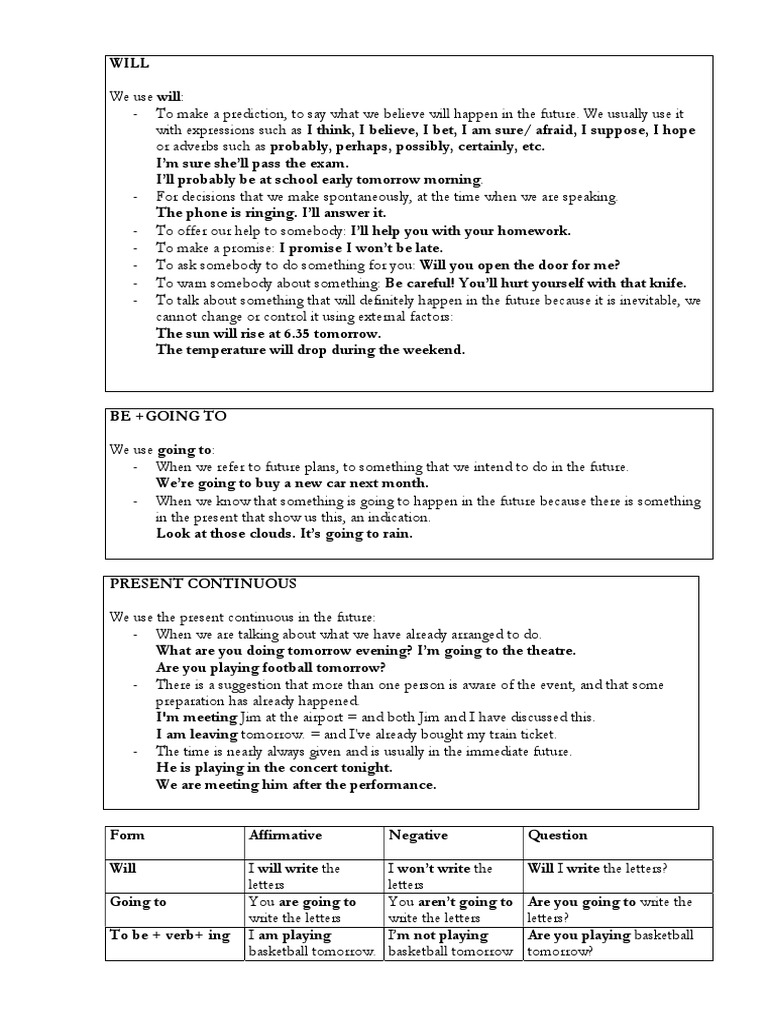 Will Be Going To and Present Continuous Explanation and Exercises PDF ...