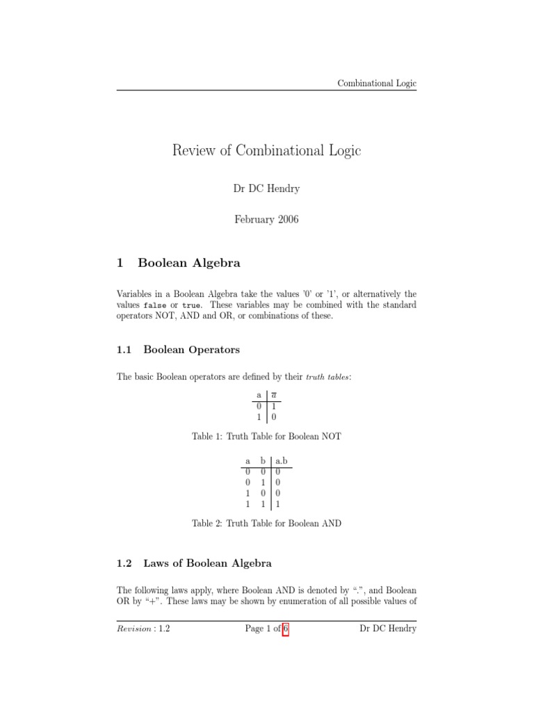 Review of Combinational Logic: 1 Boolean Algebra | PDF | Boolean ...