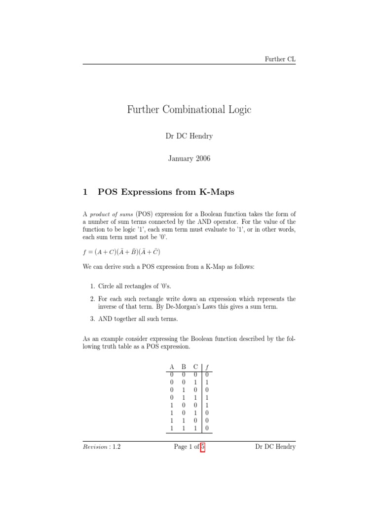 Further Combinational Logic: 1 POS Expressions From K-Maps | PDF ...
