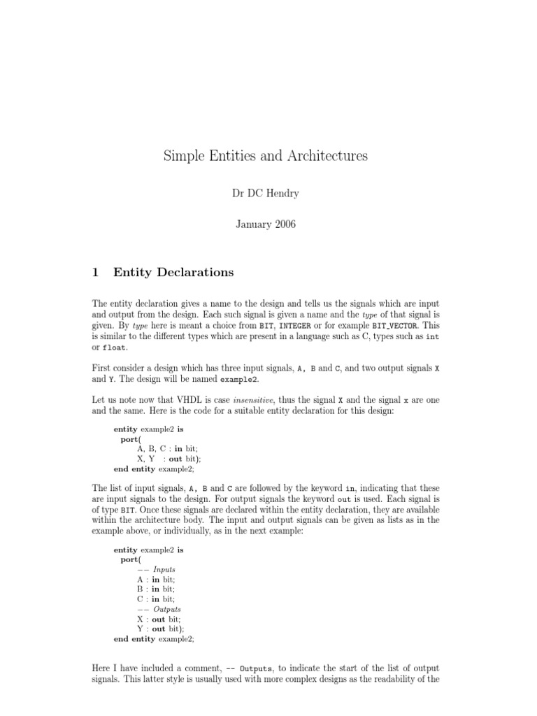 Simple Entities and Architectures: 1 Entity Declarations | PDF | Vhdl ...