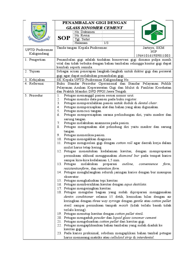 7.2.1.d SOP Penambalan Gigi Dengan Glass Ionomer KLG | PDF