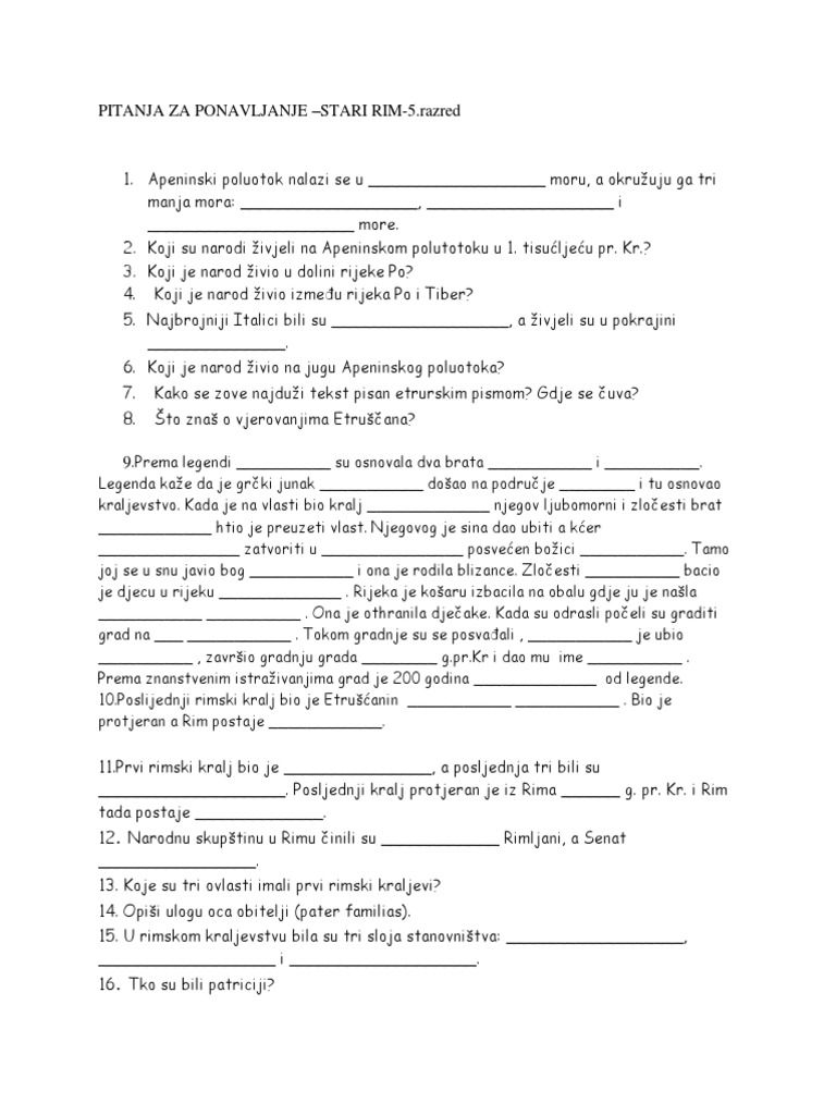 PITANJA ZA PONAVLJANJE - Docx-Rim-5.razred | PDF