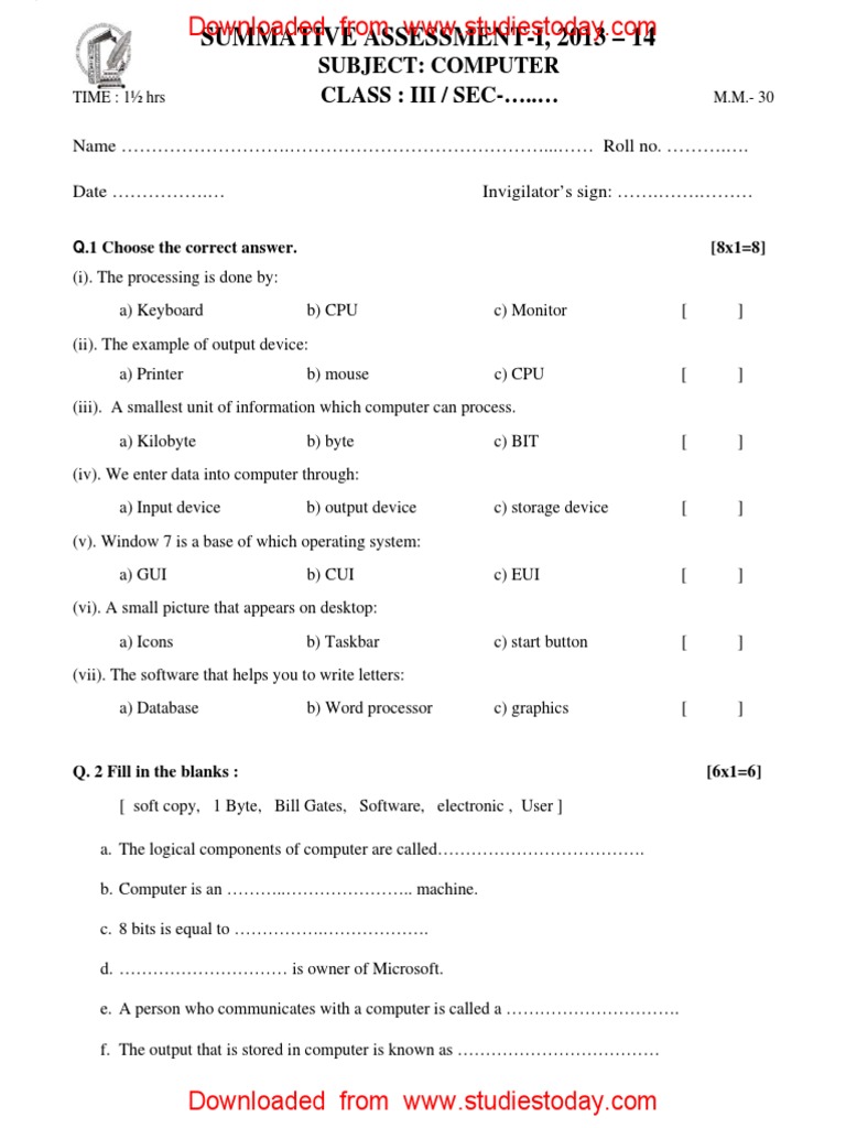 CBSE Class 3 Computers Sample Paper SA2 2014 | PDF | Input/Output ...