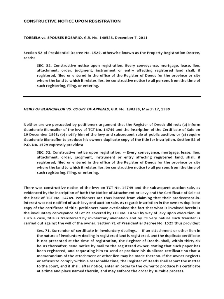 Constructive Notice Upon Registration | PDF | Mortgage Law | Conveyancing