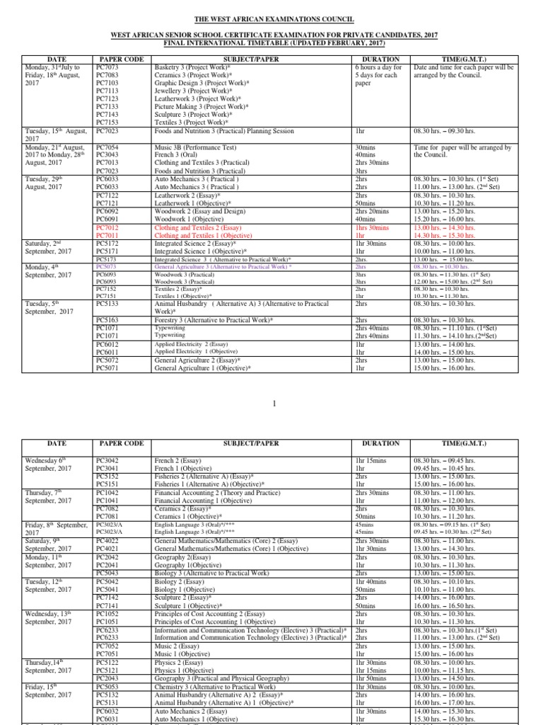 Wassce Timetable | PDF