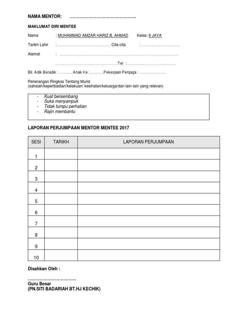 Contoh Borang Laporan Mentor Mentee | PDF