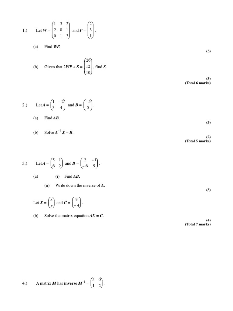 Algebra of Matrices Question Bank Maths L | PDF | Matrix (Mathematics) | Functions And Mappings