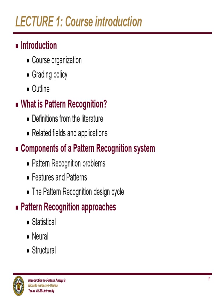 PR - L1-Introduction To Pattern Recognition PDF | PDF | Pattern Recognition | Statistical ...